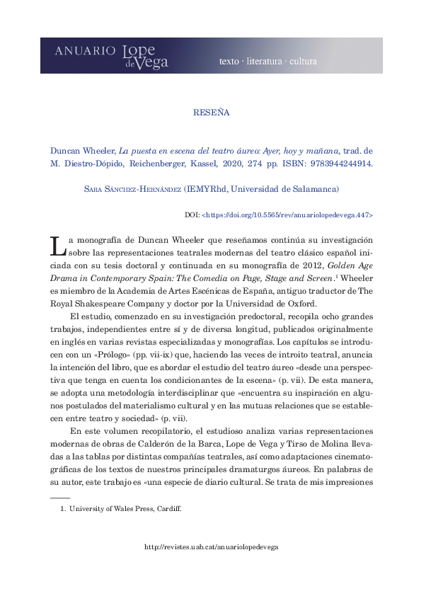 (PDF) Reseña Duncan Wheeler. "La puesta en escena del teatro áureo ...