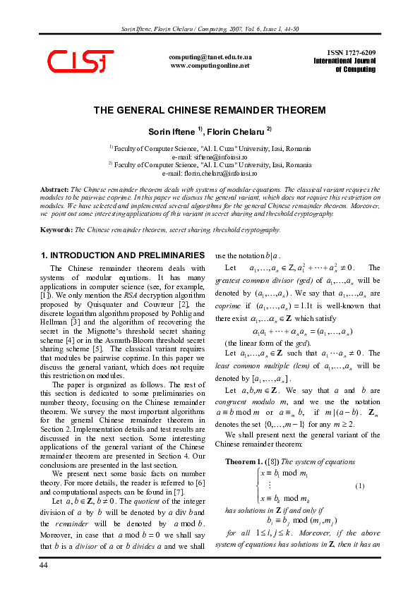 (PDF) The General Chinese Remainder Theorem