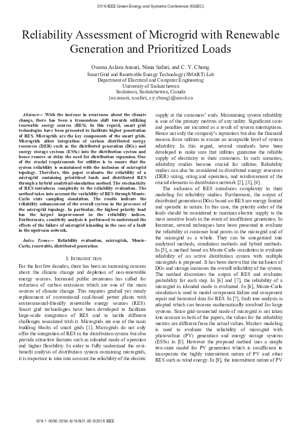 (PDF) Reliability assessment of microgrid with renewable generation and prioritized loads