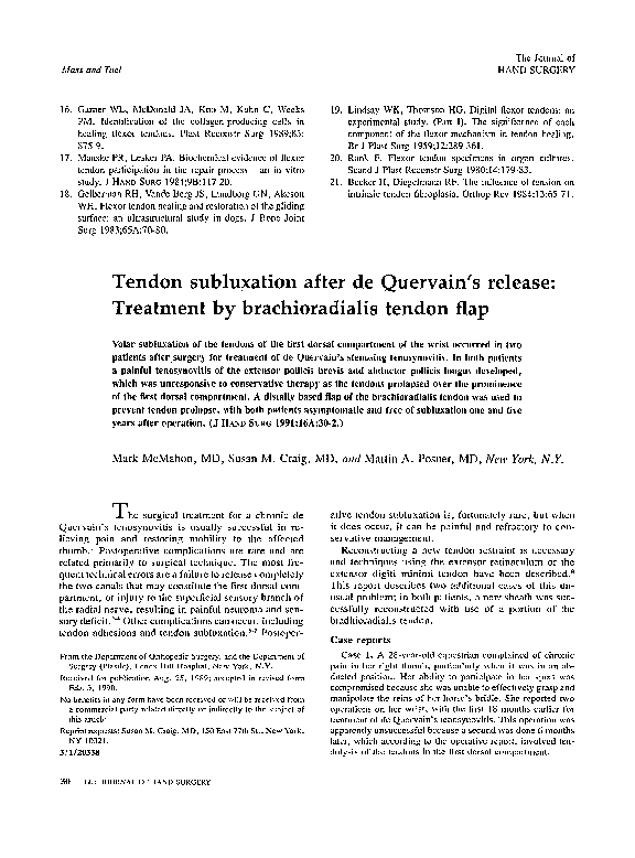 (PDF) Tendon subluxation after de Quervain's release: Treatment by ...