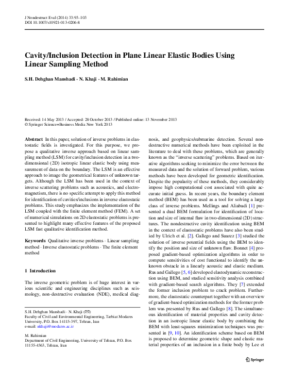 Pdf Cavity Inclusion Detection In Plane Linear Elastic Bodies Using
