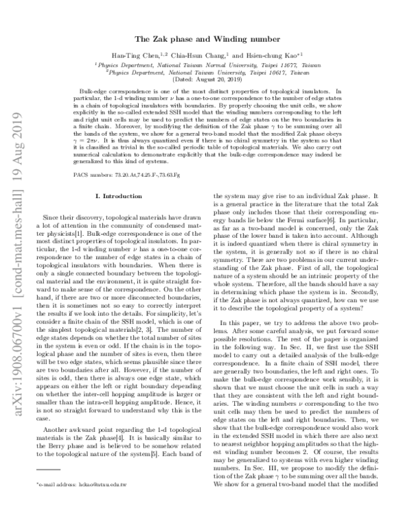 (PDF) The Zak phase and Winding number