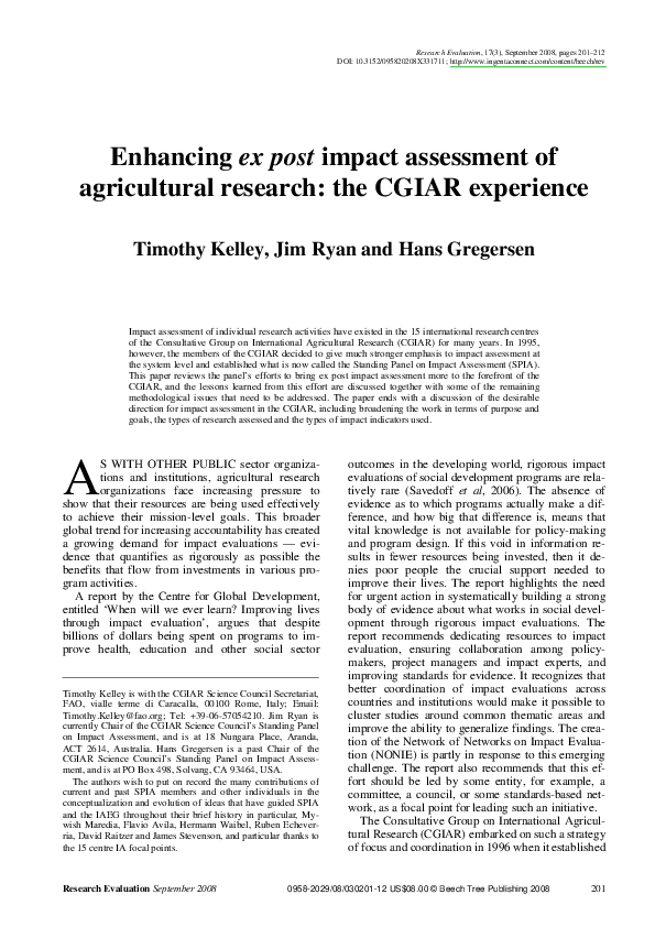 (PDF) Enhancing ex post impact assessment of agricultural research: the ...