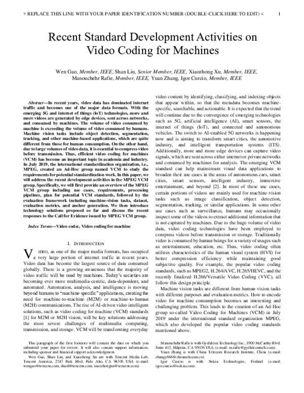 (PDF) Recent Standard Development Activities on Video Coding for Machines