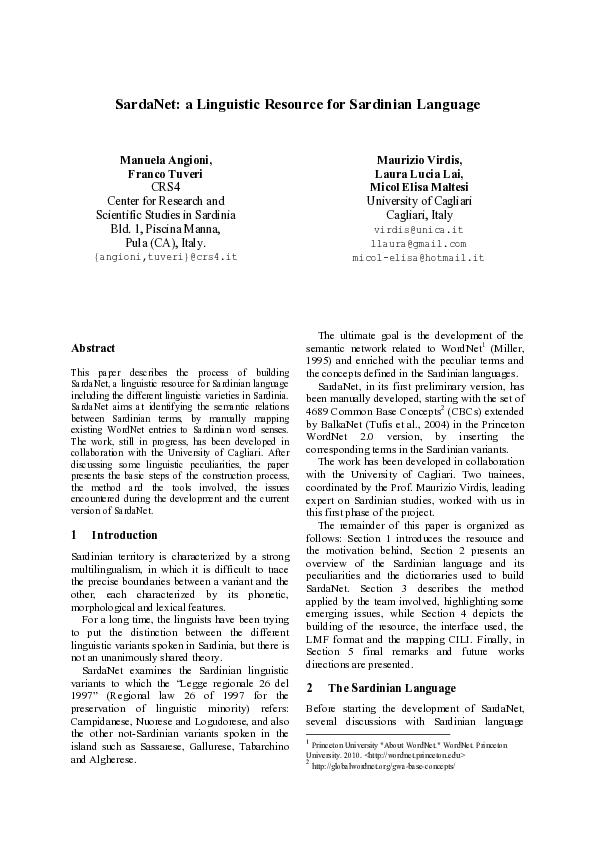 (PDF) SardaNet: a Linguistic Resource for Sardinian Language