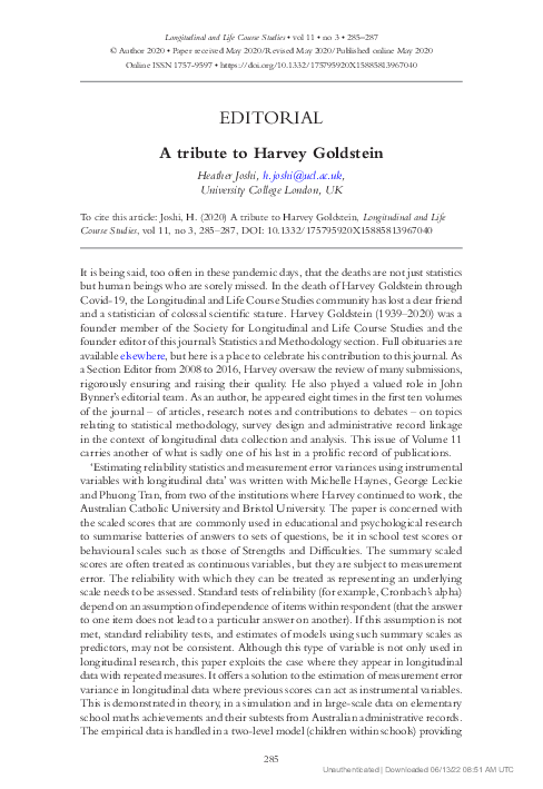 (PDF) A tribute to Harvey Goldstein | Heather E Joshi - Academia.edu