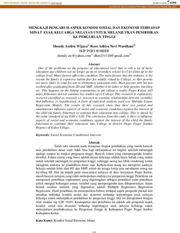 (PDF) Mengkaji Pengaruh Aspek Kondisi Sosial Dan Ekonomi Terhadap Minat ...