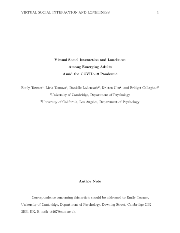 (PDF) Virtual Social Interaction and Loneliness Among Emerging Adults ...