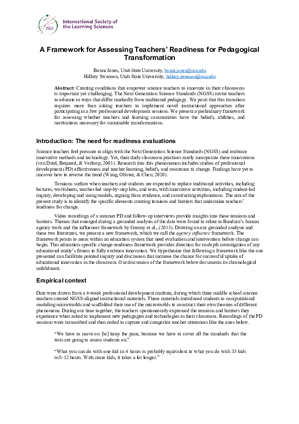 (DOC) A Framework for Assessing Teachers' Readiness for Pedagogical Transformation