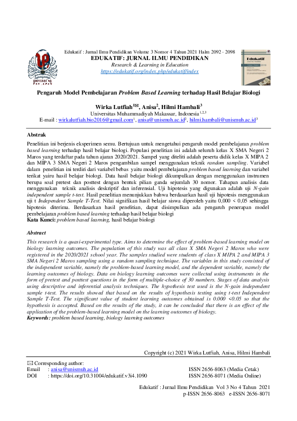 (PDF) Pengaruh Model Pembelajaran Problem Based Learning terhadap Hasil Belajar Biologi | Hilmi ...
