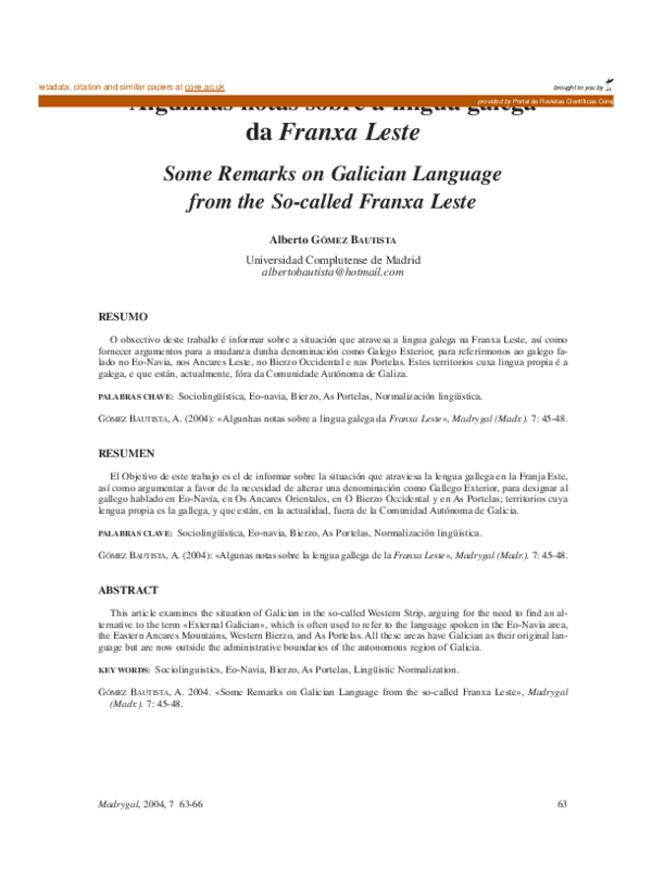 (PDF) Some Remarks on Galician Language from the So-called Franxa Leste