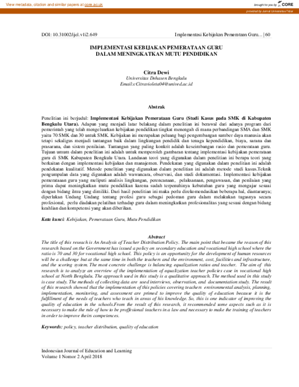 (PDF) Implementasi Kebijakan Pemerataan Guru Dalam Meningkatkan Mutu Pendidikan