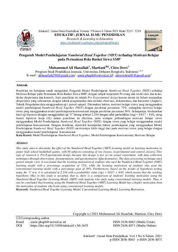 (PDF) Pengaruh Model Pembelajaran Numbered Head Together (NHT) terhadap Motivasi Belajar pada ...