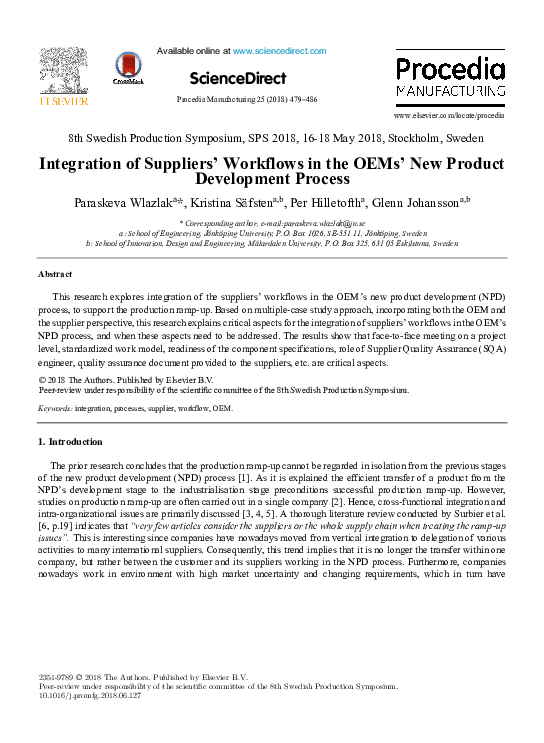 (PDF) Integration of Suppliers’ Workflows in the OEMs’ New Product ...