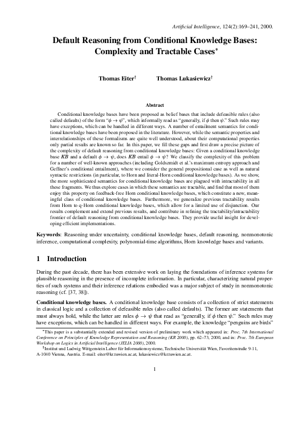 Pdf Default Reasoning From Conditional Knowledge Bases Complexity
