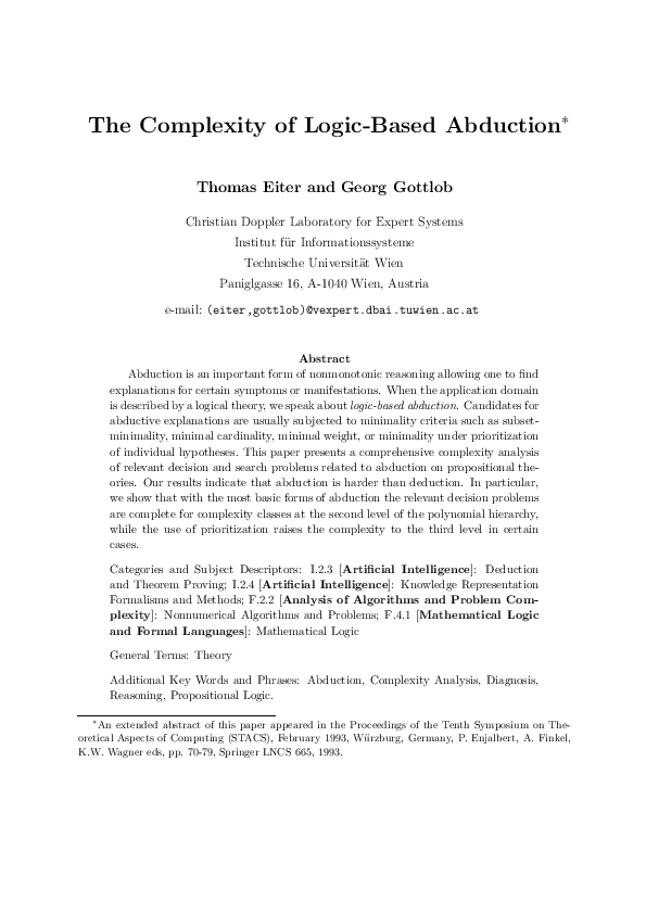 Pdf The Complexity Of Logic Based Abduction