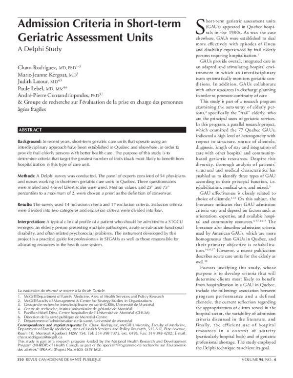 (PDF) Admission Criteria in Short-term Geriatric Assessment Units