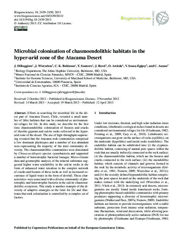 (PDF) Microbial Colonisation in Chasmoendolithic Habitats of Atacama Desert