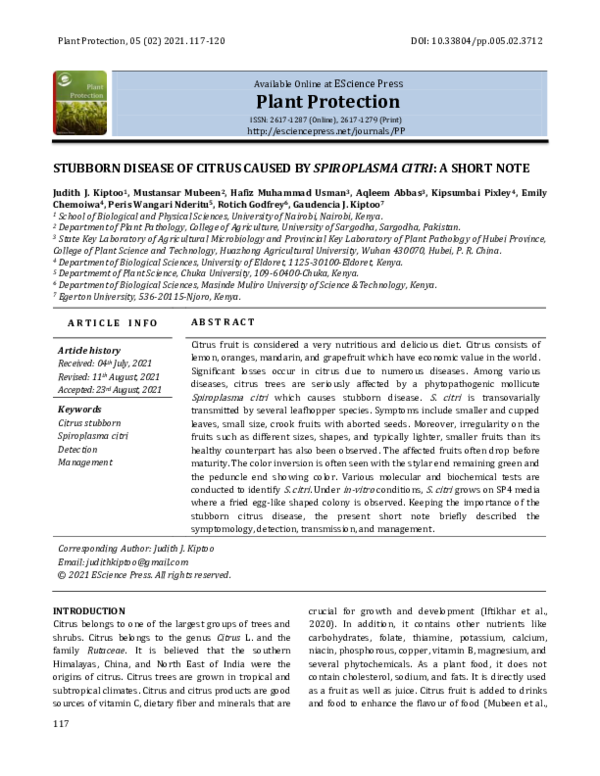 (PDF) Stubborn Disease of Citrus Caused by Spiroplasma Citri: A Short Note