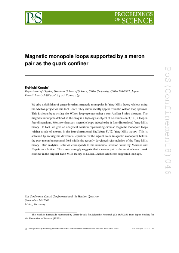 (PDF) Magnetic monopole loops supported by a meron pair as the quark ...