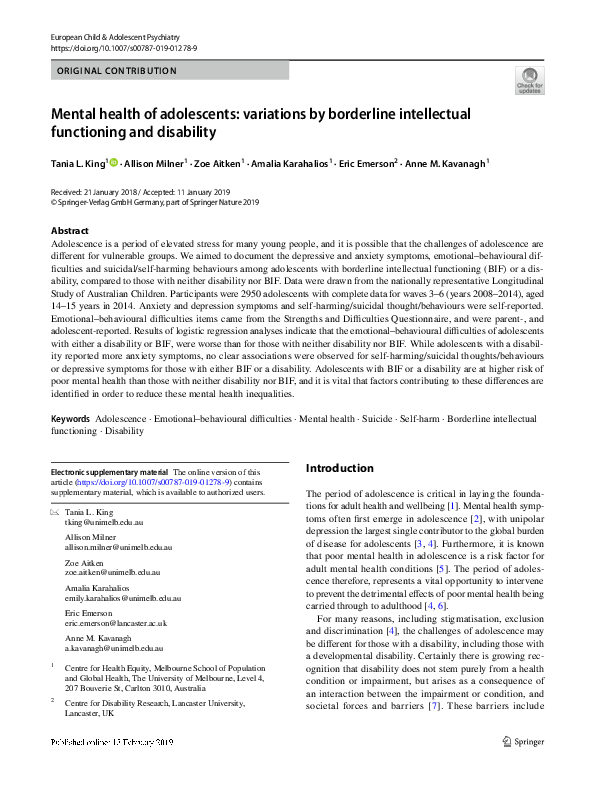 (PDF) Mental health of adolescents: variations by borderline ...