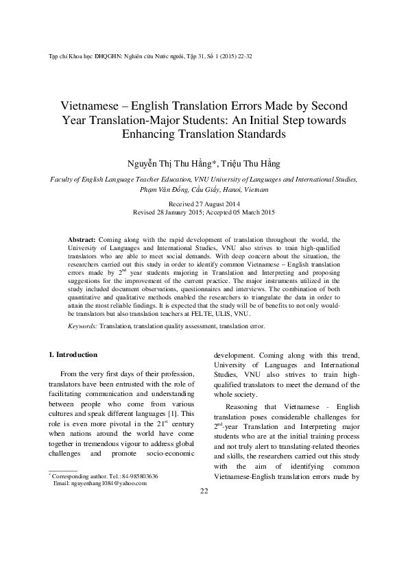 (PDF) Vietnamese – English Translation Errors Made by Second Year Translation-Major Students: An ...