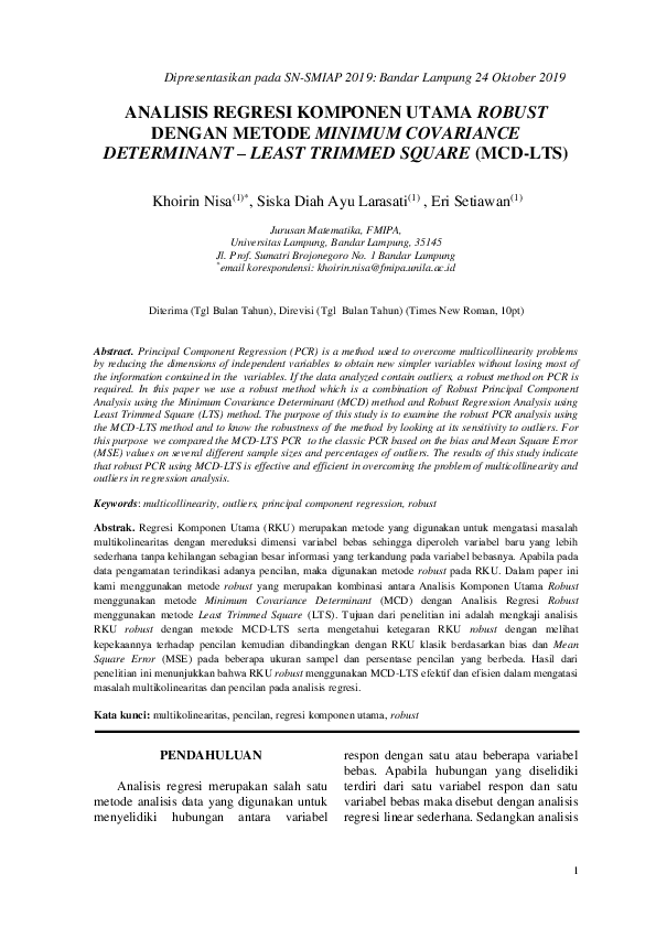(PDF) Analisis Regresi Komponen Utama Robust dengan Metode Minimum Covariance Determinant ...