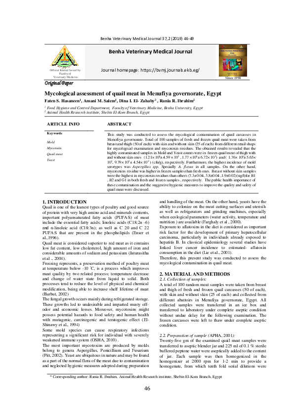 (PDF) Mycological assesment of quail meat in Menufia governorate ,Egypt