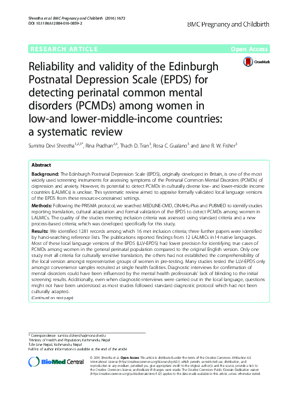 (PDF) Reliability and validity of the Edinburgh Postnatal Depression ...