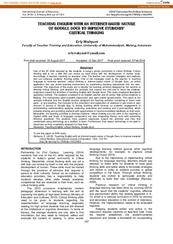 (PDF) ICT based learning to improve students'critical thinking ...