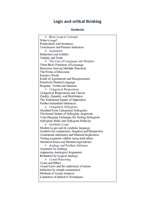 (DOC) Logic and critical thinking Contents