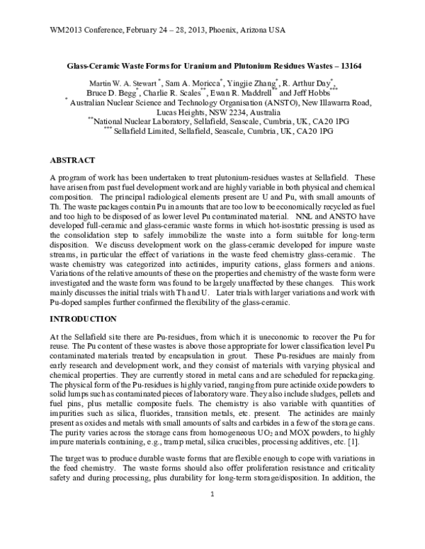 (PDF) Glass-Ceramic Waste Forms for Uranium and Plutonium Residues ...
