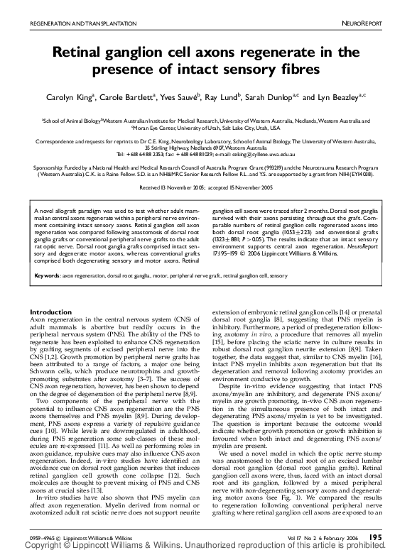 (PDF) Retinal ganglion cell axons regenerate in the presence of intact ...