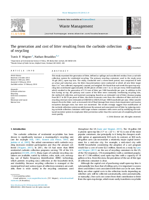 (PDF) The generation and cost of litter resulting from the curbside ...