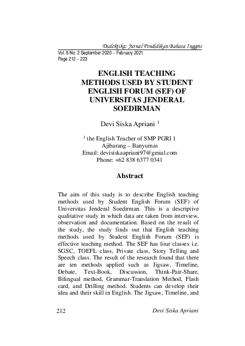 (PDF) English Teaching Methods Used by Student English Forum (SEF) of ...