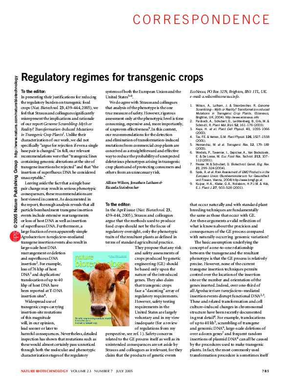 (PDF) Regulatory regimes for transgenic crops