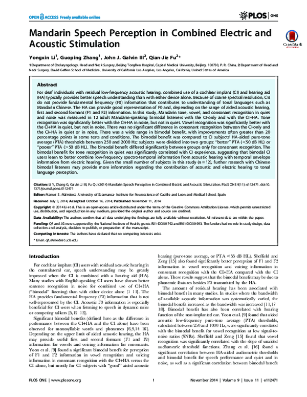 (PDF) Mandarin speech perception in combined electric and acoustic stimulation