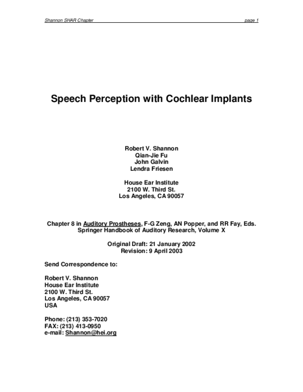 (PDF) Speech Perception with Cochlear Implants