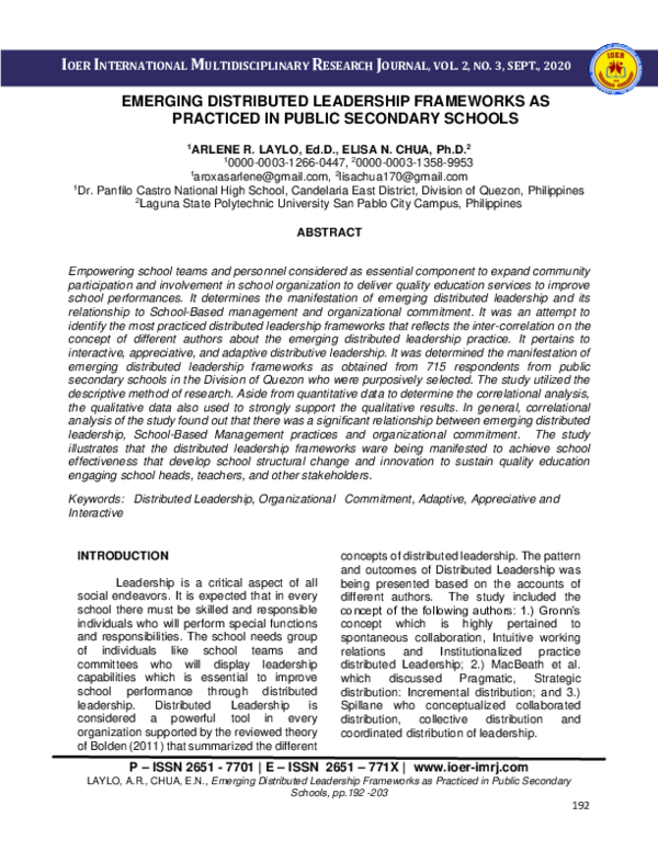 (PDF) Emerging Distributed Leadership Frameworks as Practiced in Public Secondary Schools ...