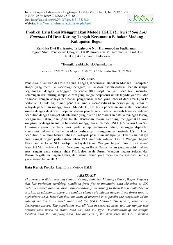 (PDF) Prediksi Laju Erosi Menggunakan Metode USLE (Universal Soil Loss Equation) Di Desa Karang ...
