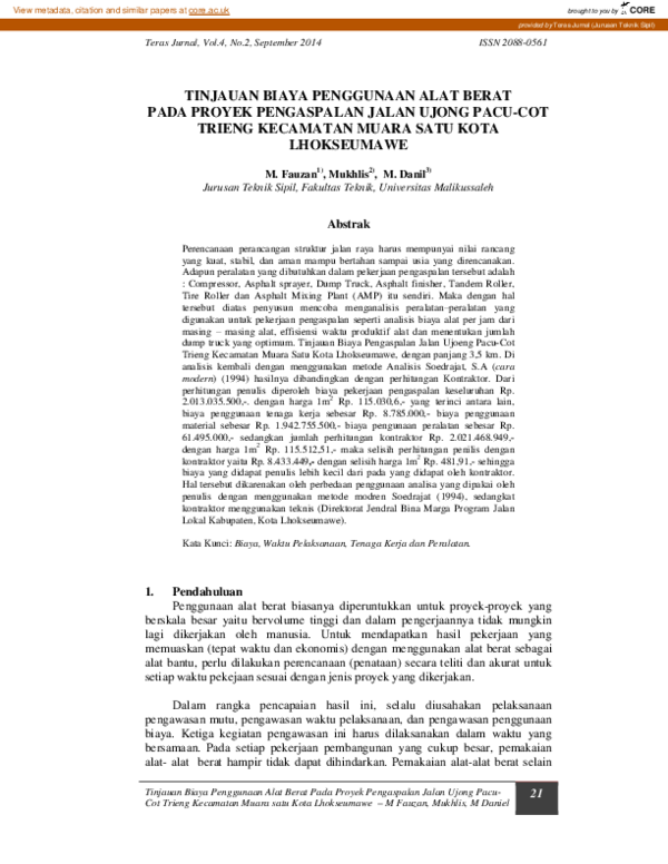 (PDF) Tinjauan Biaya Penggunaan Alat Berat Pada Proyek Pengaspalan Jalan Ujong Pacu-Cot Trieng ...