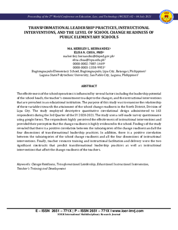 (PDF) Transformational Leadership Practices, Instructional Interventions, and the Level of ...