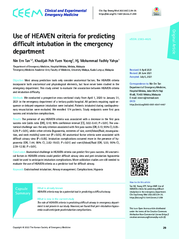 (PDF) Use of HEAVEN criteria for predicting difficult intubation in the ...