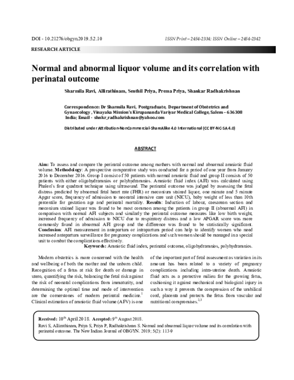 (PDF) Normal and abnormal liquor volume and its correlation with perinatal outcome