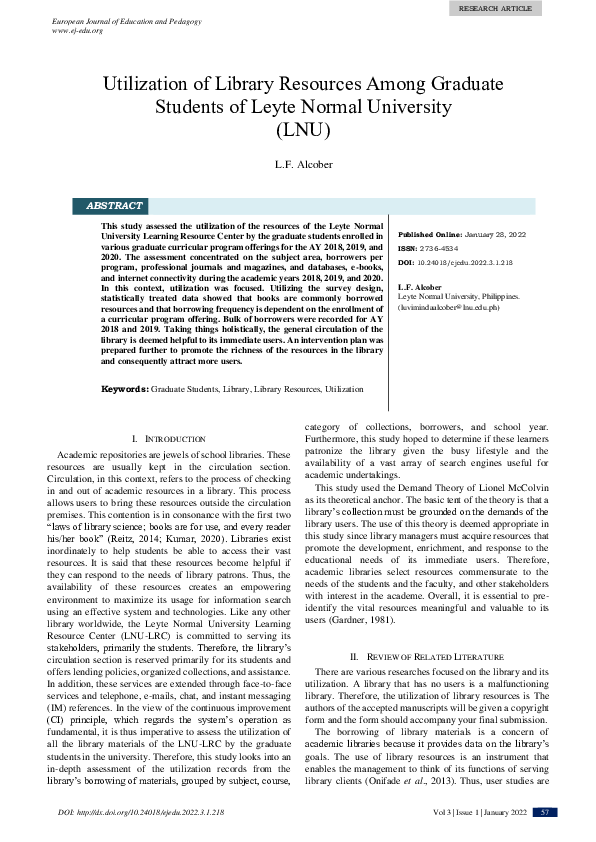 (PDF) Utilization of Library Resources Among Graduate Students of Leyte Normal University (LNU)