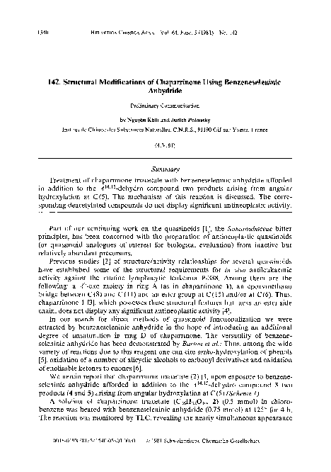 (PDF) Structural Modifications of Chaparrinone Using Benzeneseleninic Anhydride. Preliminary ...