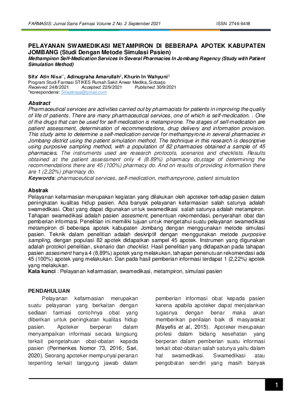 (PDF) Pelayanan Swamedikasi Metampiron di Beberapa Apotek Kabupaten ...