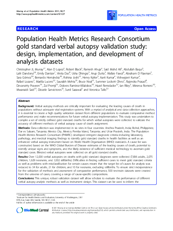 (PDF) Population Health Metrics Research Consortium gold standard verbal autopsy validation ...