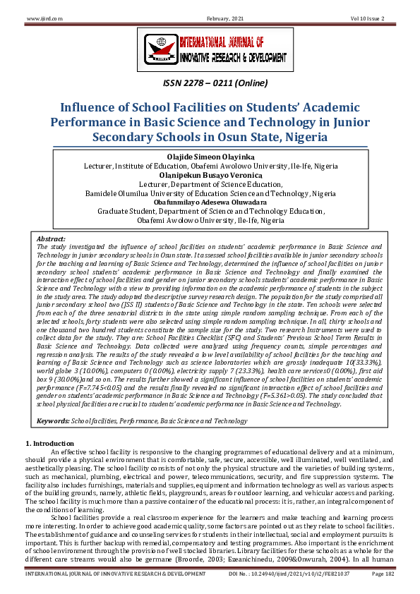 (PDF) Influence of School Facilities on Students’ Academic Performance in Basic Science and ...
