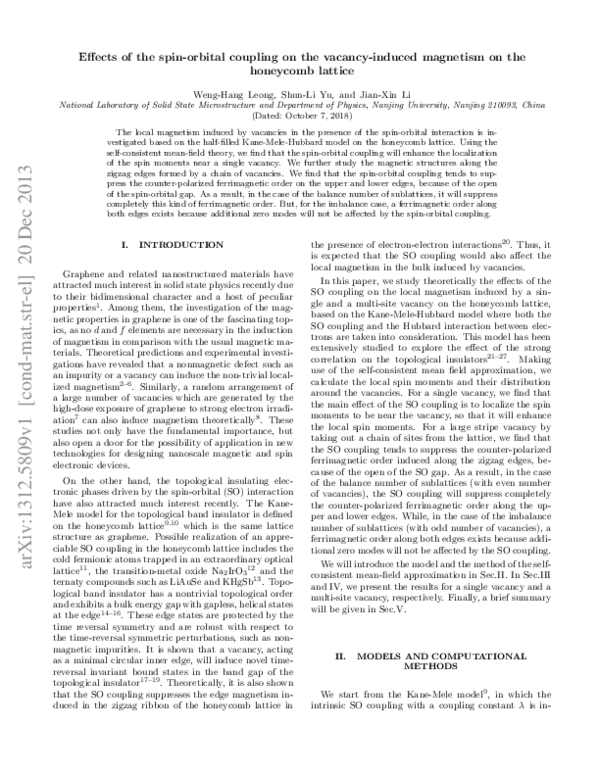 Pdf Effects Of The Spin Orbit Coupling On The Vacancy Induced Magnetism On The Honeycomb
